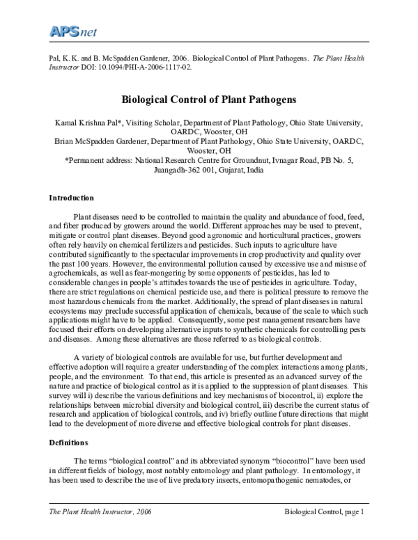 (PDF) Biological control of plant pathogens