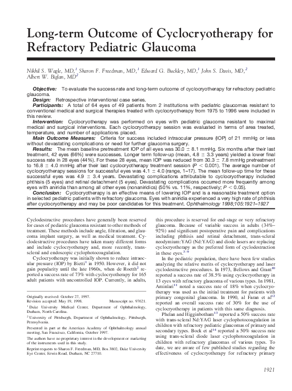 (PDF) Long-term outcome of cyclocryotherapy for refractory pediatric ...