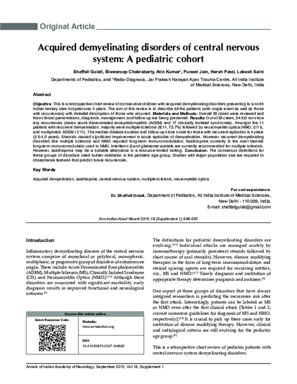(PDF) Acquired demyelinating disorders of central nervous system: A pediatric cohort