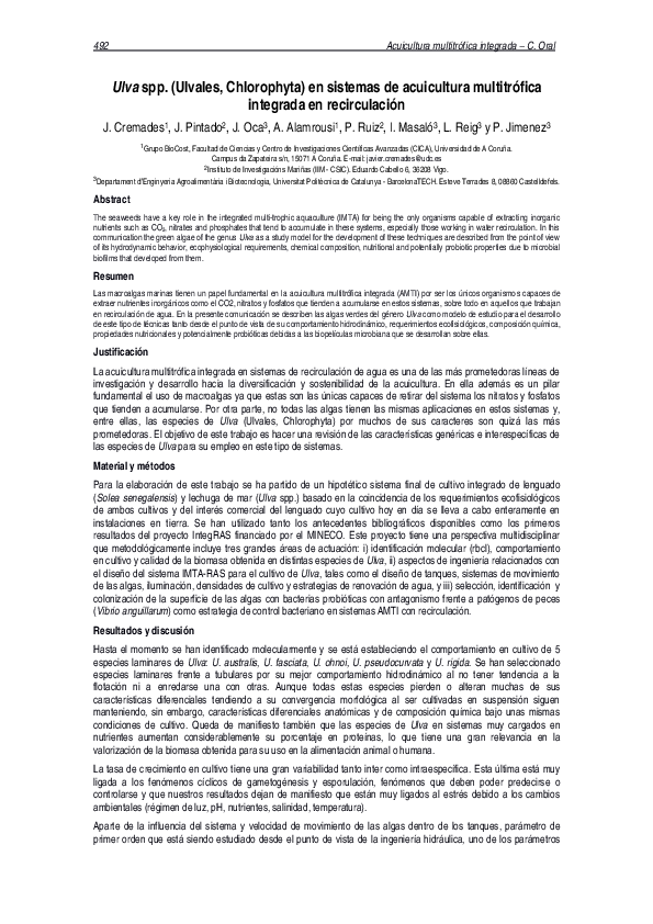 (PDF) Ulva spp. (Ulvales, Chlorophyta) en sistemas de acuicultura multitrófica integrada en ...