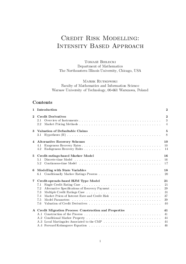 (PDF) Credit Risk Modelling: Intensity Based Approach
