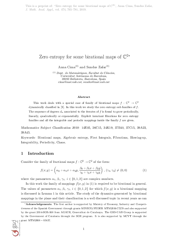 (PDF) Zero entropy for some birational maps of C2