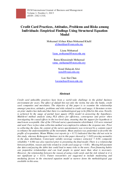 (PDF) Credit Card Practices, Attitudes, Problems And Risks Among ...