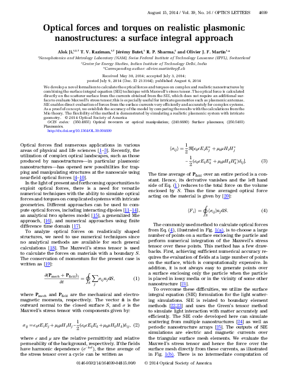 (PDF) Optical forces and torques on realistic plasmonic nanostructures: a surface integral ...