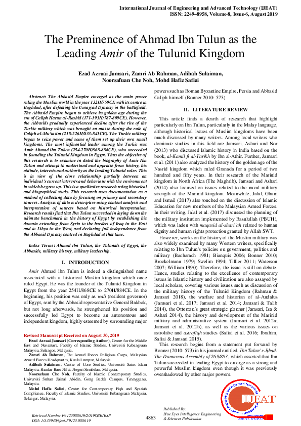 (PDF) The Preminence of Ahmad Ibn Tulun as the Leading Amir of the ...
