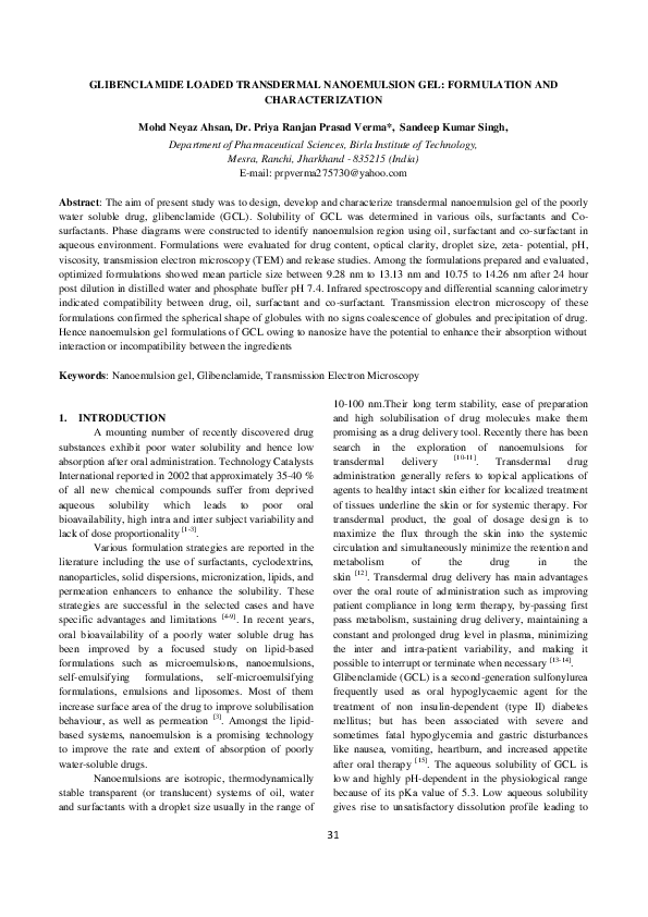 Pdf Glibenclamide Loaded Transdermal Nanoemulsion Gel Formulation And Characterization