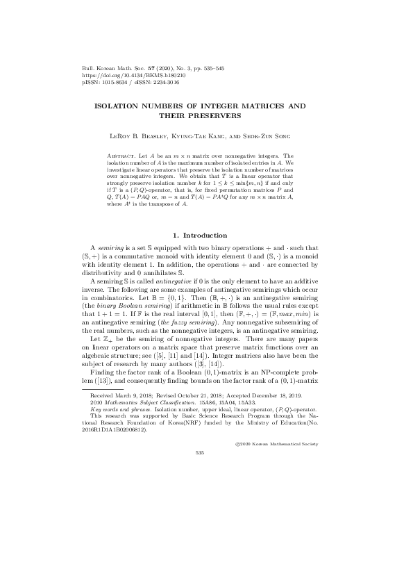 (PDF) Isolation Numbers of Integer Matrices and Their Preservers | Seok ...