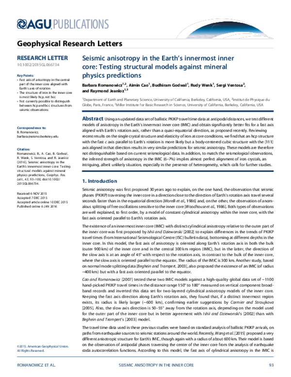 (PDF) Seismic anisotropy in the Earth's innermost inner core: testing ...