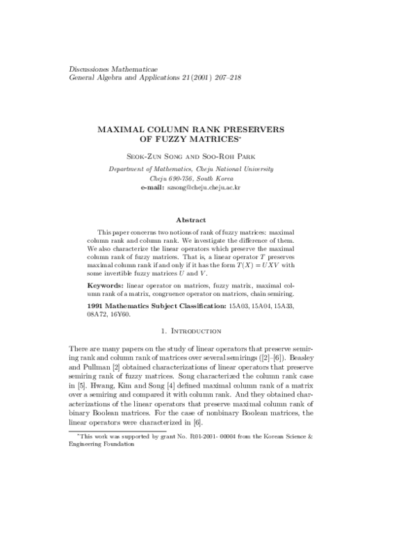 (PDF) Maximal column rank preservers of fuzzy matrices