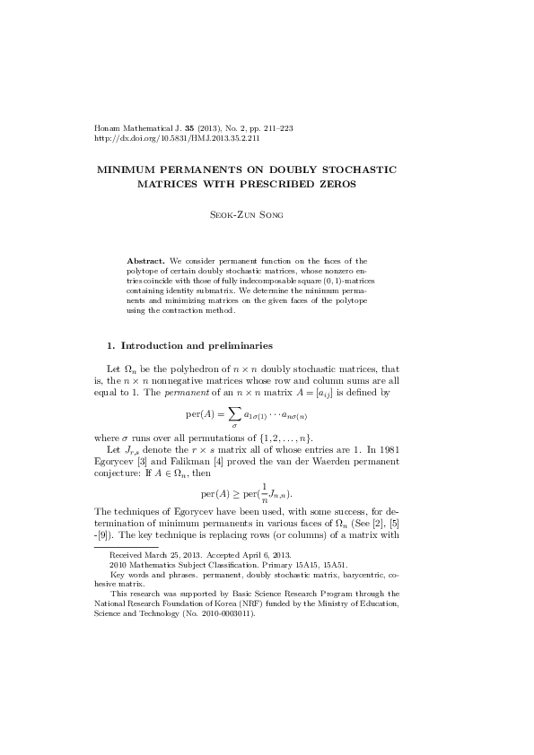 Pdf Minimum Permanents On Doubly Stochastic Matrices With Prescribed Zeros