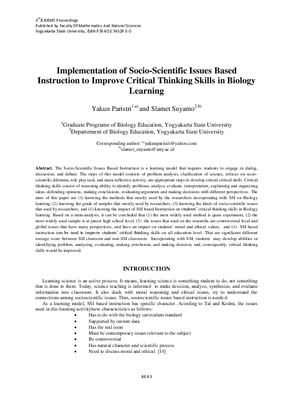 (PDF) Implementation of Socio-Scientific Issues Based Instruction to ...