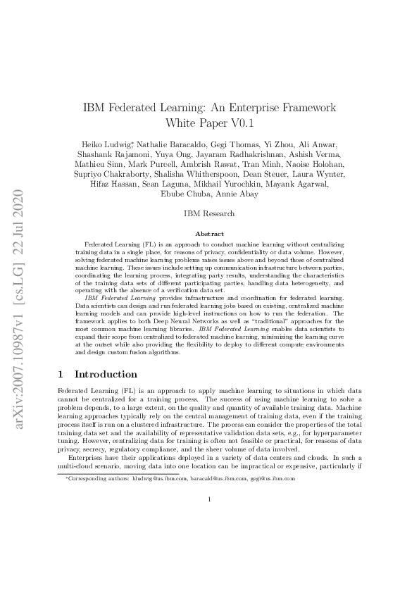 (PDF) IBM Federated Learning: an Enterprise Framework White Paper V0.1