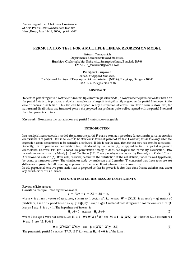 Pdf Permutation Test For A Multiple Linear Regression Model Siriwan Tantawanich