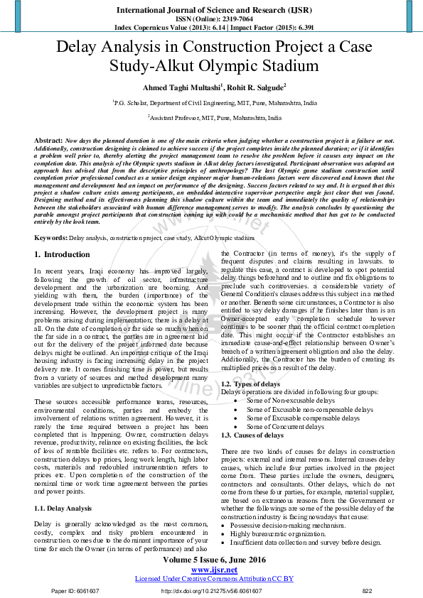 (PDF) Delay Analysis in Construction Project a Case Study - Alkut Olympic Stadium