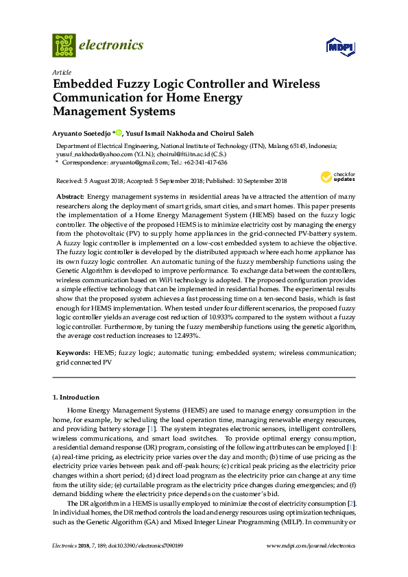 Pdf Embedded Fuzzy Logic Controller And Wireless Communication For Home Energy Management Systems