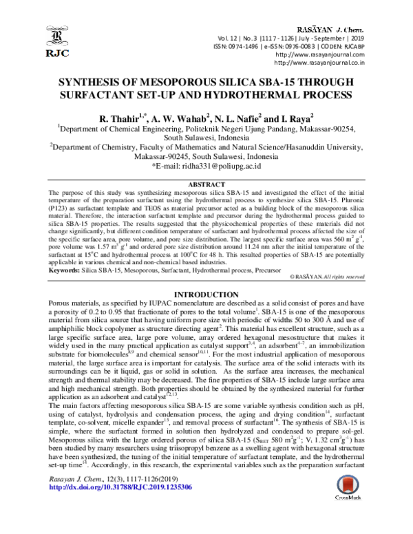 (PDF) Synthesis of Mesoporous Silica SBA-15 Through Surfactant Set-Up ...