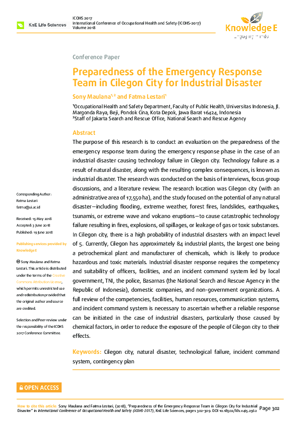 (PDF) Preparedness of the Emergency Response Team in Cilegon City for ...