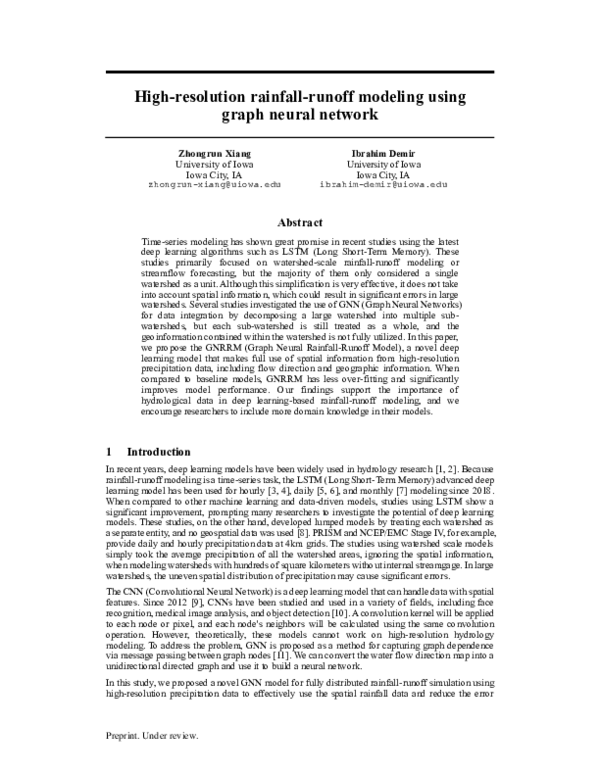 Pdf High Resolution Rainfall Runoff Modeling Using Graph Neural Network