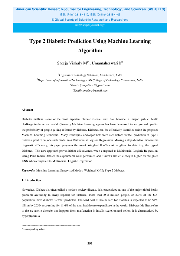 (PDF) Type 2 Diabetic Prediction Using Machine Learning Algorithm