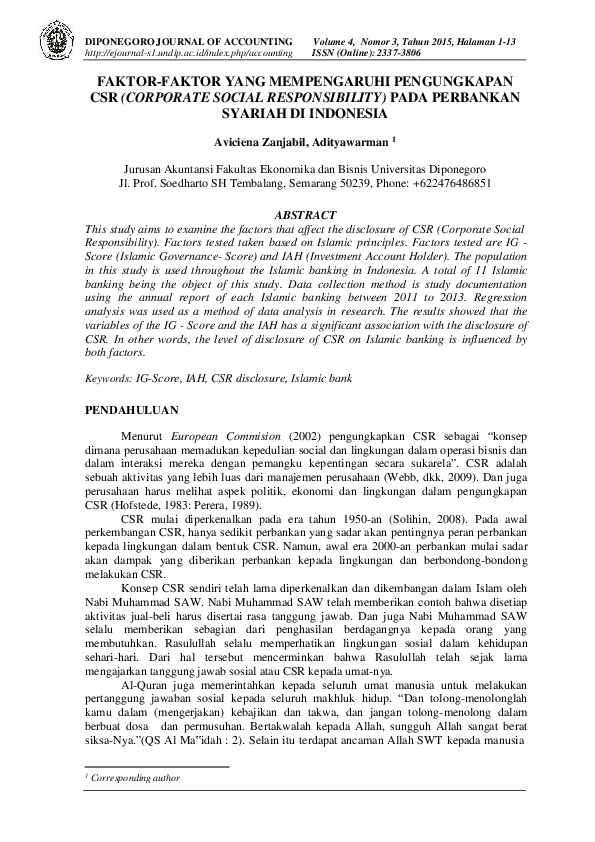 (PDF) Faktor-Faktor Yang Mempengaruhi Pengungkapan CSR (Corporate ...