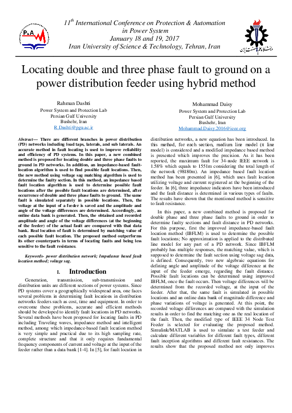 Pdf Locating Double And Three Phase Fault To Ground On A Power Distribution Feeder Using