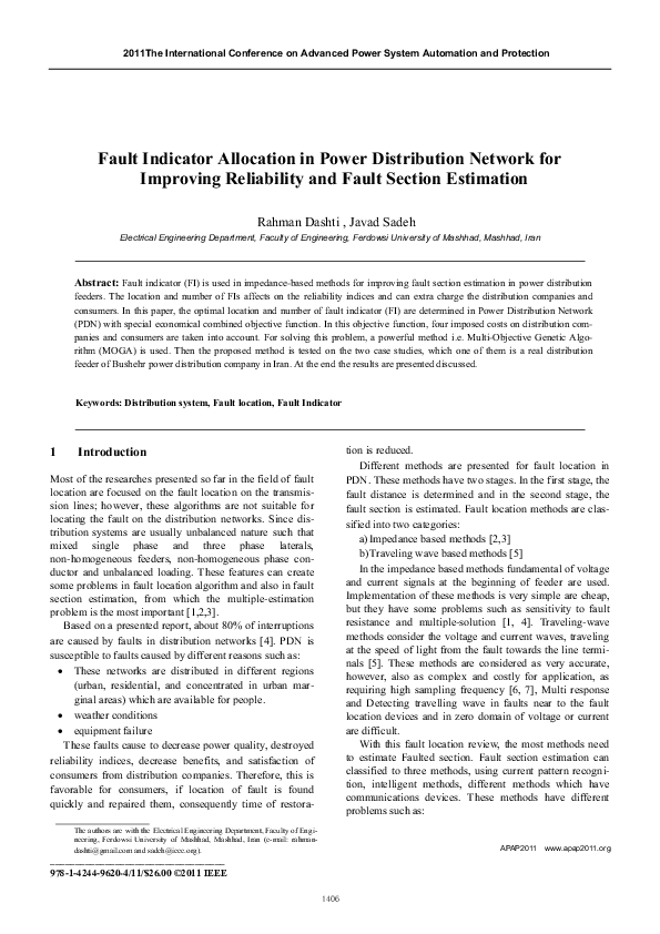 Pdf Fault Indicator Allocation In Power Distribution Network For Improving Reliability And