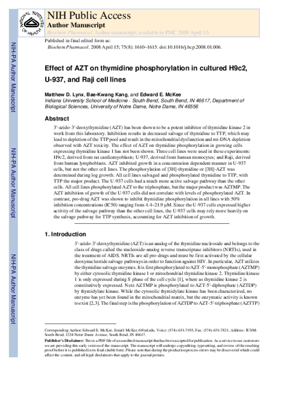 (PDF) Effect of AZT on thymidine phosphorylation in cultured H9c2, U ...