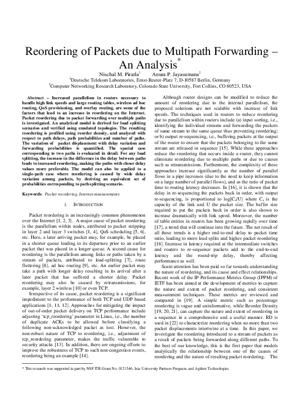 (PDF) Reordering of Packets due to Multipath Forwarding - An Analysis