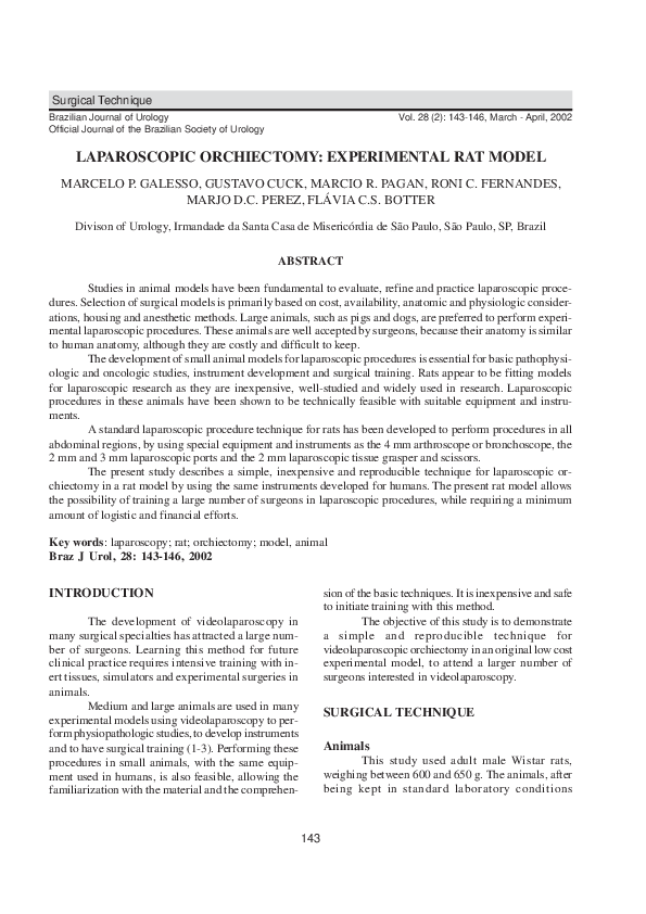 (PDF) Laparoscopic Orchiectomy: Experimental Rat Model | Gustavo Cuck ...