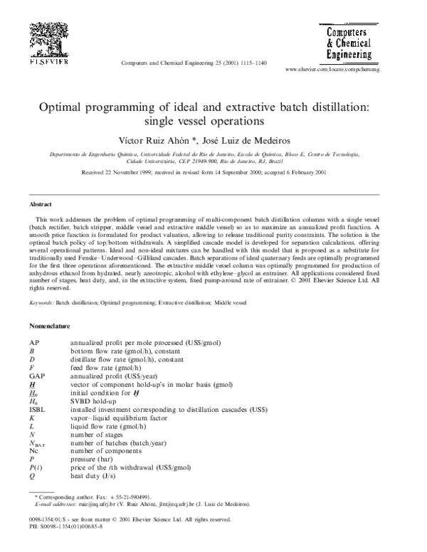 Optimal programming of ideal and extractive batch distillation: single vessel operations