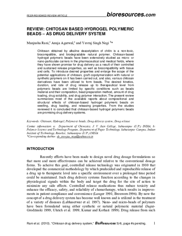 (PDF) Chitosan Based Hydrogel Polymeric Beads – as Drug Delivery System