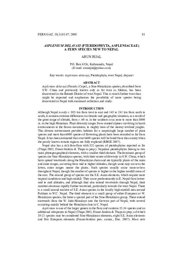 (PDF) Asplenium Delavayi (Pteridophyta, Aspleniaceae) a Fern Species ...