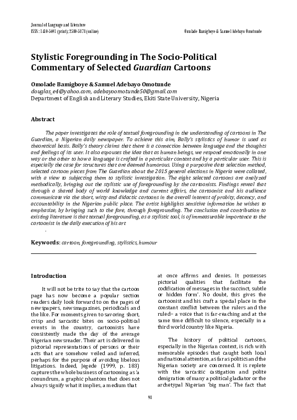 (PDF) Stylistic Foregrounding in the Socio-Political Commentary of ...