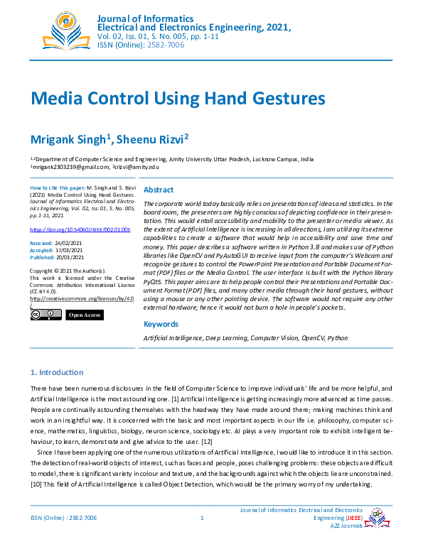 (PDF) Media Control Using Hand Gestures