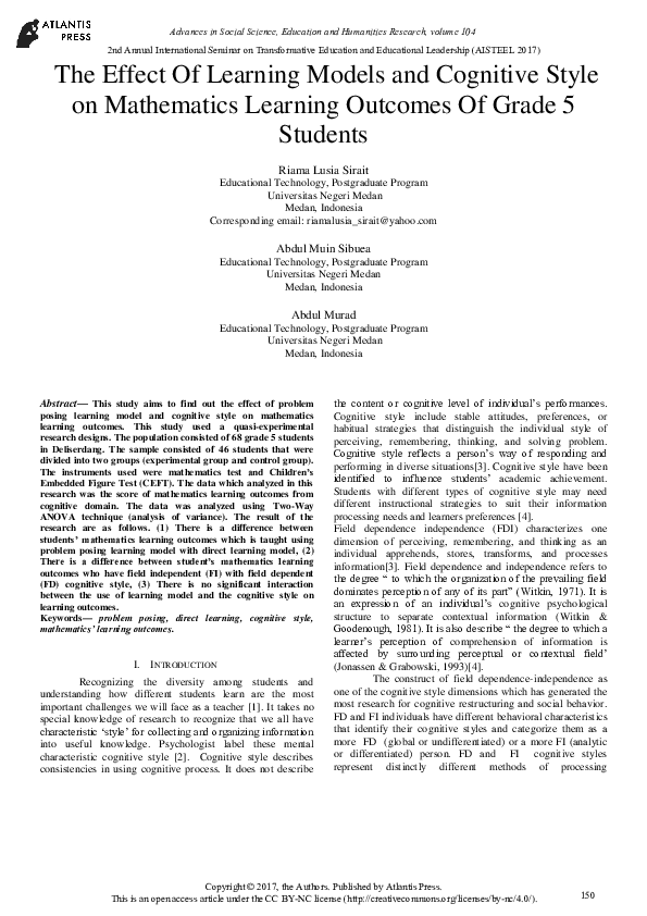 (PDF) The Effect Of Learning Models and Cognitive Style on Mathematics ...