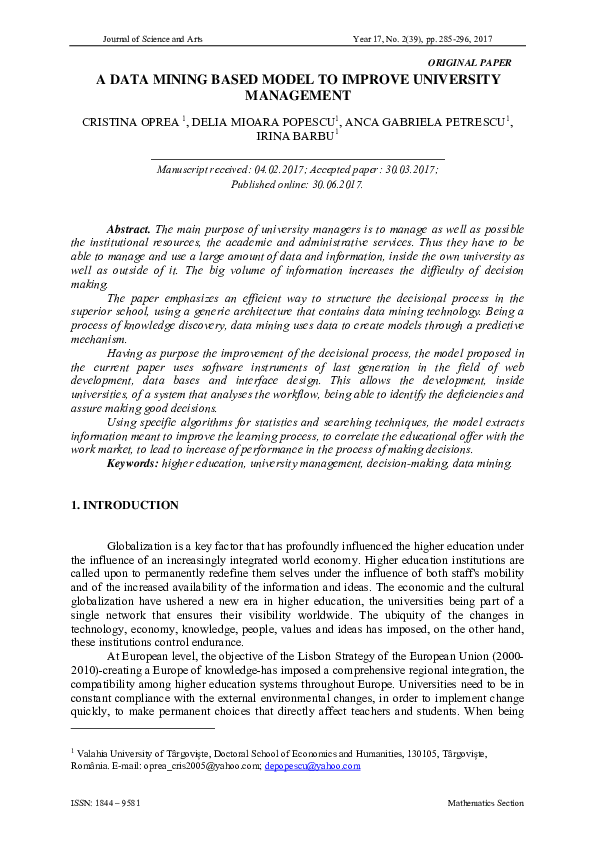 Pdf A Data Mining Based Model To Improve University Management