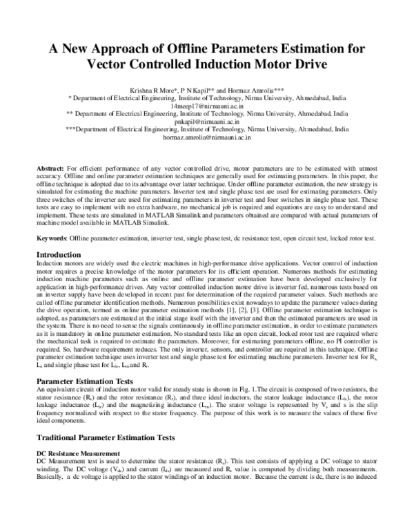 Pdf A New Approach Of Offline Parameters Estimation For Vector
