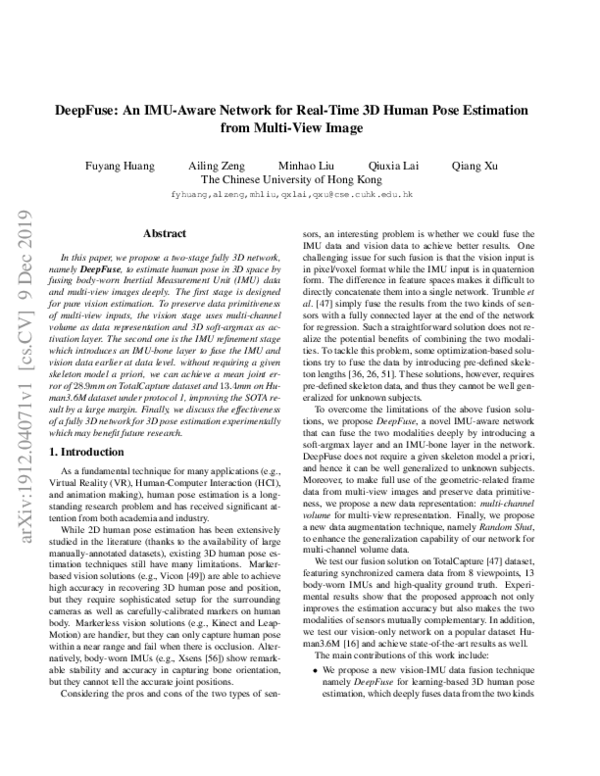 Pdf Deepfuse An Imu Aware Network For Real Time 3d Human Pose Estimation From Multi View Image