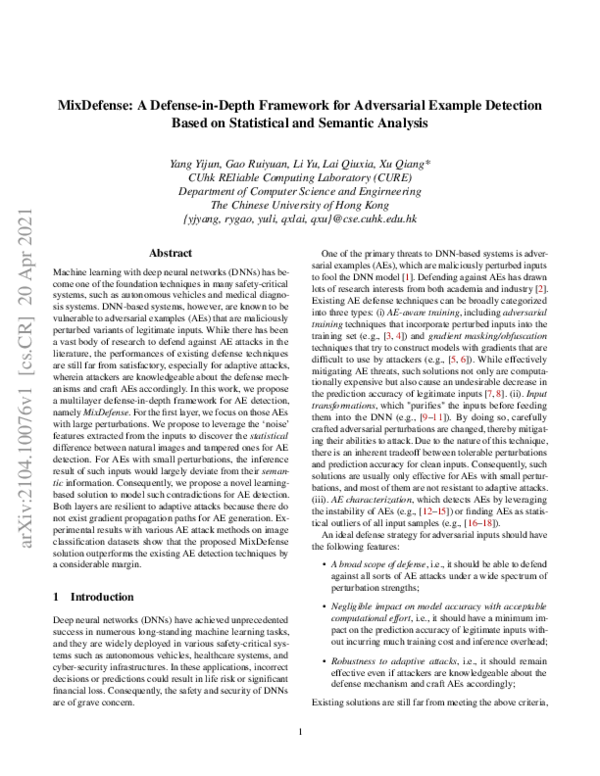 (PDF) MixDefense: A Defense-in-Depth Framework for Adversarial Example Detection Based on ...