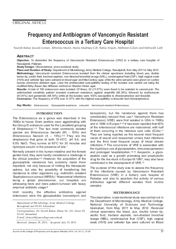 (PDF) Frequency and antibiogram of vancomycin resistant enterococcus in ...