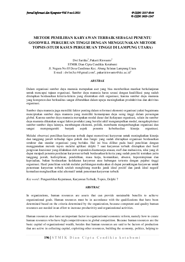 (PDF) Metode Pemilihan Karyawan Terbaik Sebagai Penentu Goodwill Perguruan Tinggi Dengan ...
