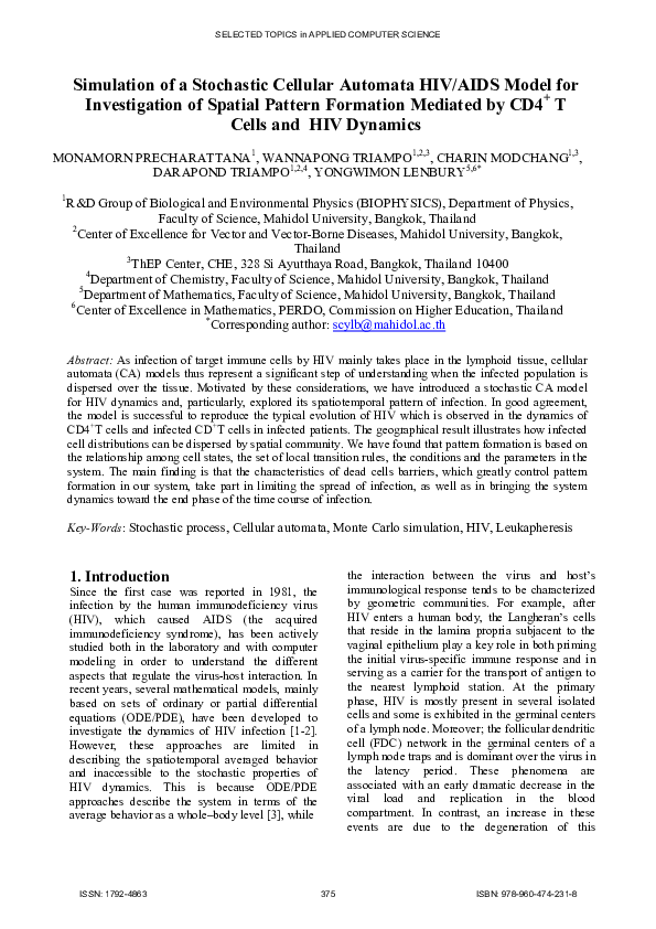 Pdf Simulation Of A Stochastic Cellular Automata Hivaids Model For Investigation Of Spatial