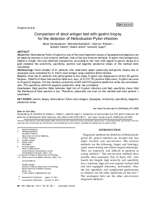 (PDF) Comparison of stool antigen test with gastric biopsy for the ...