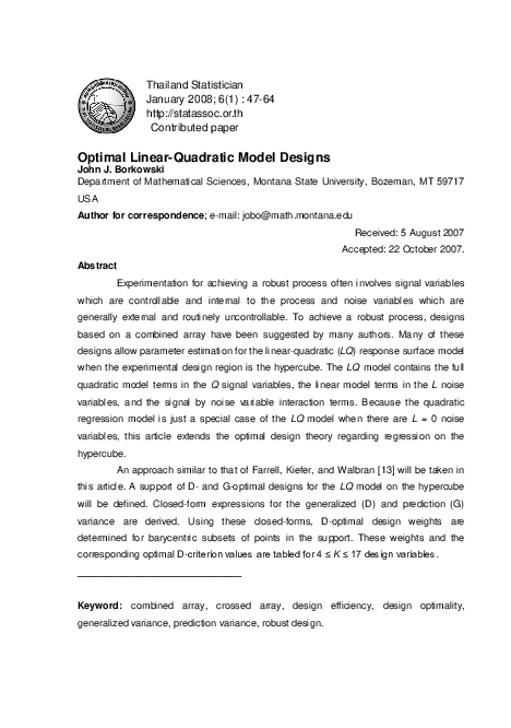(PDF) Optimal Linear-Quadratic Model Designs