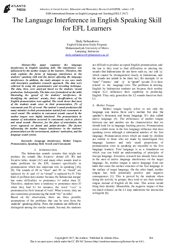 (PDF) The Language Interference in English Speaking Skill for EFL Learners