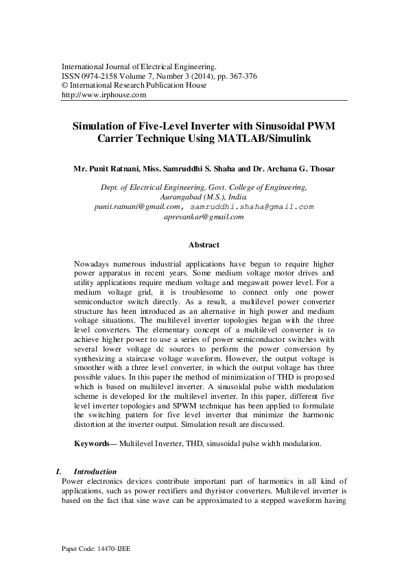 (PDF) Simulation of Five-Level Inverter with Sinusoidal PWM Carrier ...