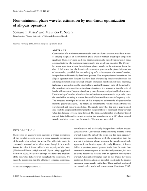 Pdf Non Minimum Phase Wavelet Estimation By Non Linear Optimization