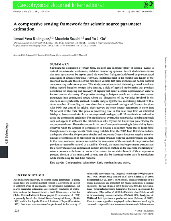 Pdf A Compressive Sensing Framework For Seismic Source Parameter