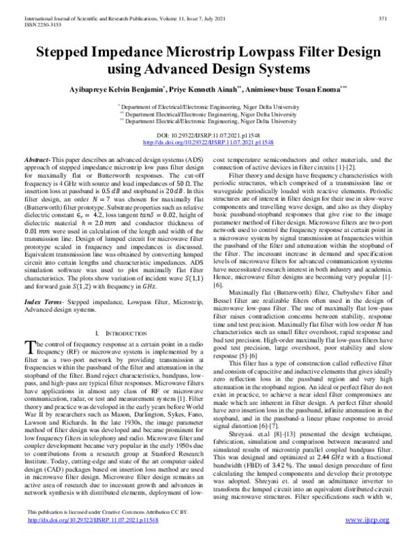 (PDF) Stepped Impedance Microstrip Lowpass Filter Design using Advanced Design Systems