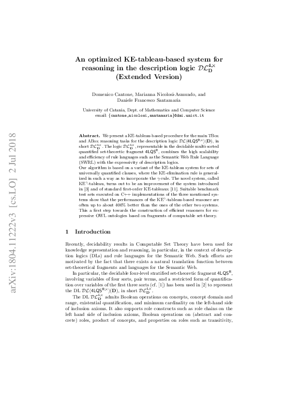 (PDF) An optimized KE-tableau-based system for reasoning in the description logic DL 4 , × D ...